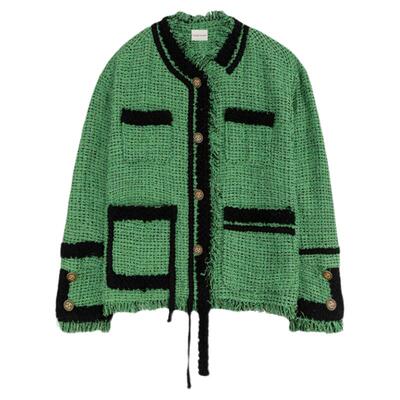 Charlie Luciano破坏无领粗花呢夹克女士复古气质流苏小香风外套