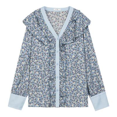 UGIZ商场同款2022春季新品韩版女装清新荷叶边碎花衬衫女UASF903