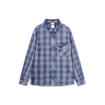 USHI悠时 阿美咔叽格纹衬衫叠穿复古质感水洗工装外套翻领长袖男