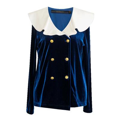 罗衣气质荷叶领缎面拼接丝绒衬衫