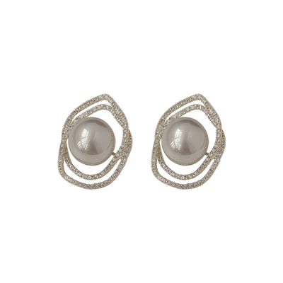 法式复古不规则镶钻珍珠圆形耳钉