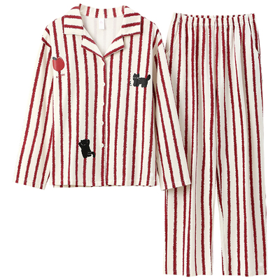 有内纯棉睡衣女款2025新款女士长袖抗菌A类条纹红家居服秋冬套装