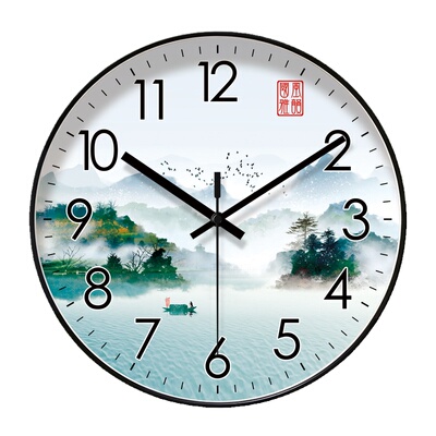 中式风水墨客厅钟表静音扫秒