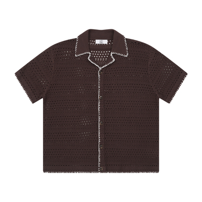 EMPTYREFERENCE棕色古巴领复古编织镂空手工缝线休闲衬衣短袖衬衫