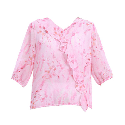 甜美荷叶边印花五分袖雪纺衫V领