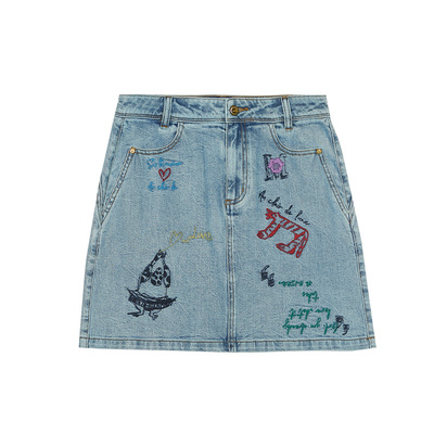 MIIDII谜底2022春秋季时尚减龄图案印花A型短牛仔半身裙221MB0072