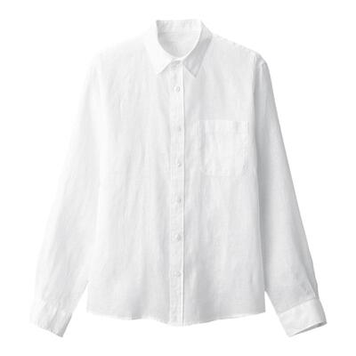 日单良品翻领长袖纯亚麻衬衫春夏