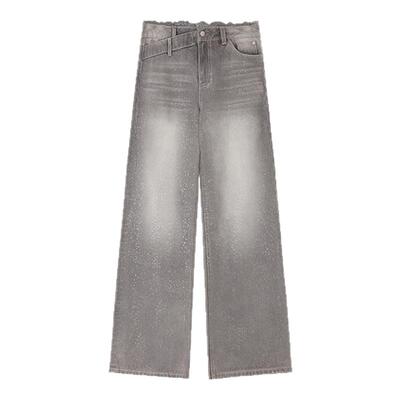直筒宽松阔腿水洗做旧灰色牛仔裤