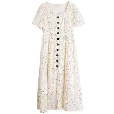 温柔风甜美显瘦开叉波点连衣裙