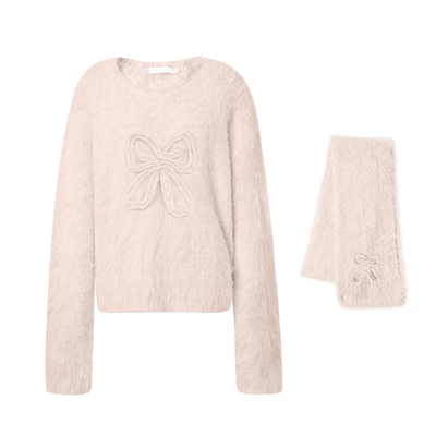 立体蝴蝶结拉毛毛衣+围巾两件套