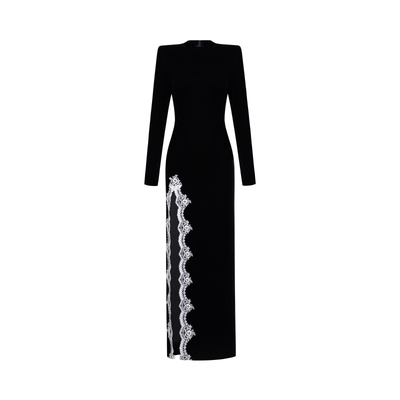 XULU原创秋冬气质黑色丝绒拼接蕾丝花边性感高开叉收腰显瘦连衣裙