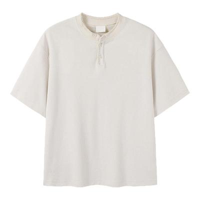 WHIMNOTION 25SS一字绣花手缝线亨利领短袖T恤老钱风慵懒感上衣男