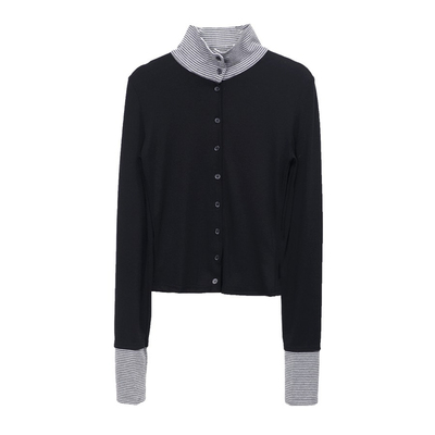 eihey诶嘿韩系假两件条纹拼接长袖T恤女冬季修身半高领开衫打底女