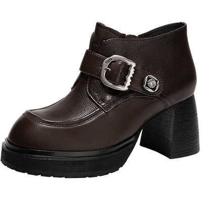 MIO米奥时装靴2025冬季新款粗跟圆头饰扣马丁靴复古增高短筒靴子