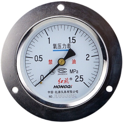 红旗牌轴向带边氧气背接式压力表