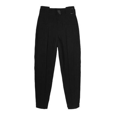 藏蓝色高腰弹力九分锥口裤