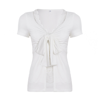 纯欲蕾丝蝴蝶结绑带假两件T恤