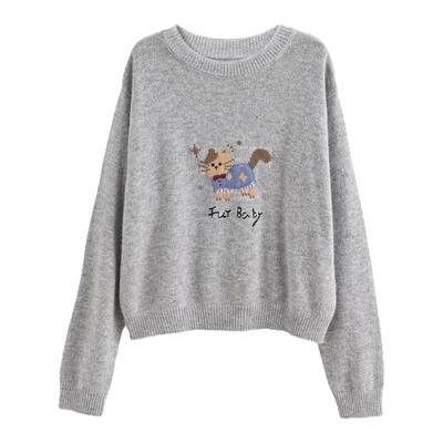 森女部落甜美可爱猫咪刺绣9.3%兔毛套头毛衣女新款圆领内搭冬季