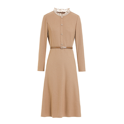 【商场同款】JESSIE驼色复古高级感长袖连衣裙女冬收腰显瘦中长裙