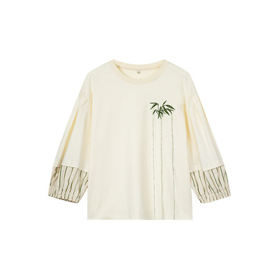 一城画一新款小众设计感长袖圆领T恤条纹拼接短款时尚衫