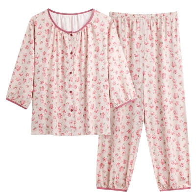 云朵棉七分袖睡衣女夏季开衫九分裤甜美碎花夏天薄款家居服套装春