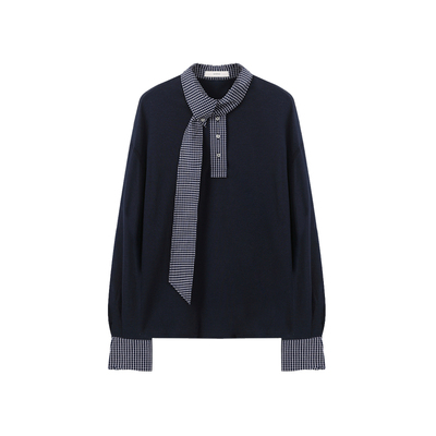 西町村屋学院感小衫女2026春新款格纹拼接飘带长袖上衣XABA10001