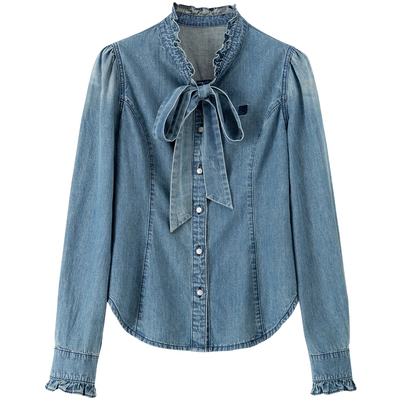 【100%棉】BANANA BABY2026年春季新款系带蝴蝶结泡泡袖牛仔衬衫