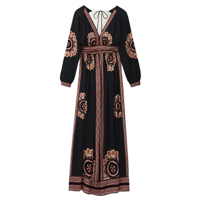 bash2026新款春季圣所花园度假风复古印花V领连衣裙长裙1E26VERA