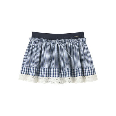 Uena蓝色格纹蕾丝下摆A字半身裙