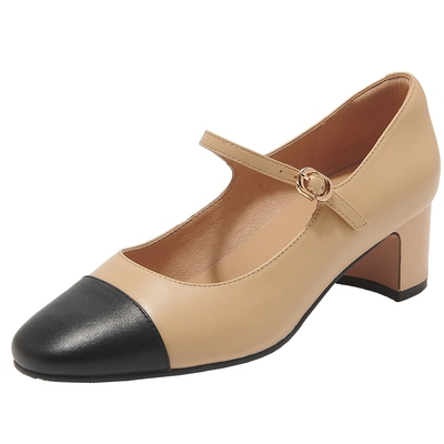 百田森中粗跟拼色小香风单鞋