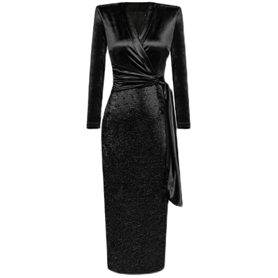 YOUKEFEIER原创设计轻奢丝绒拼接压胶工艺气质优雅修身连衣裙