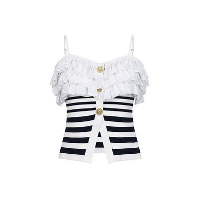 浪漫荷叶边拼接条纹针织背心