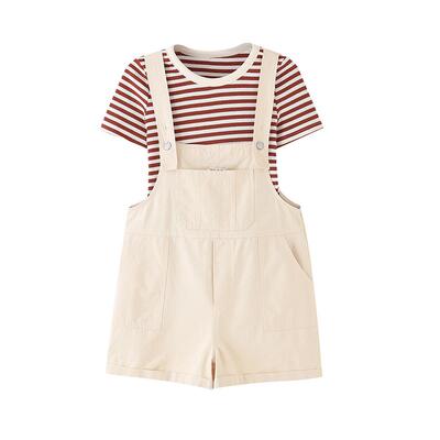 mc2圆领条纹T恤配净色背带裤