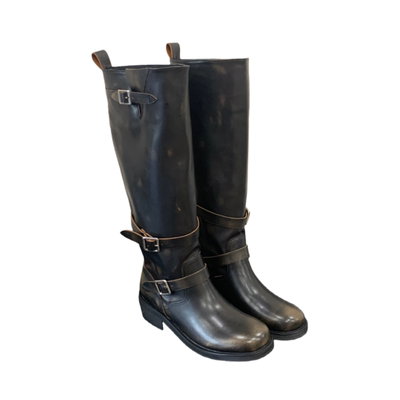 复古真皮长筒靴女厚底西部靴子潮