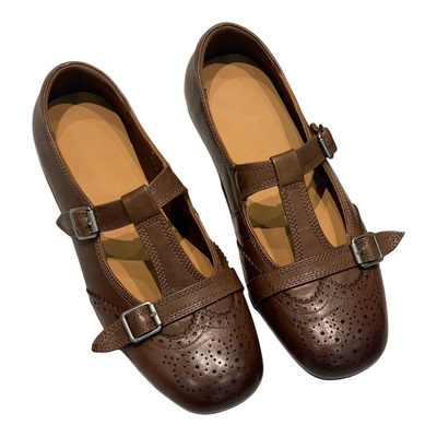 烟雨诗情真皮单鞋2026新款英伦风牛皮圆头低跟平底鞋布洛克鞋女鞋