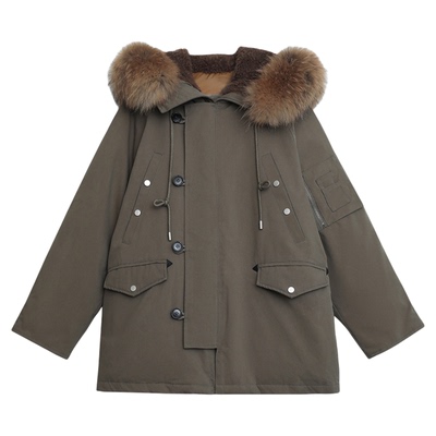 工装连帽羽绒服外套毛领派克服女