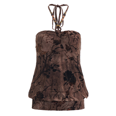 IAEY美式复古辣妹棕色花卉串珠挂脖背心夏Y2K古着感修身外穿吊带