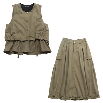 荷叶边抽绳马甲/绗棉廓形半身裙