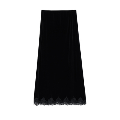 pusumede 简雅知性 黑色丝绒蕾丝花边半身裙女气质宽松保暖直筒裙