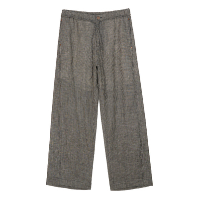 细格亚麻橡筋抽绳直筒裤