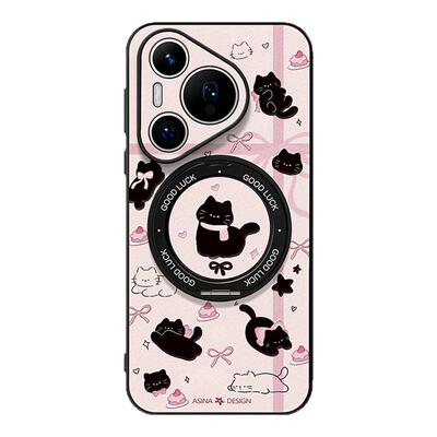 猫咪物语适用华为Pura90pro手机壳磁吸带支架pura70支点新款Ho3镜头全包超火防摔p80保护套可爱女高级感+