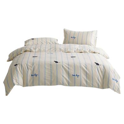 蓝色条纹猫咪纯棉床上四件套