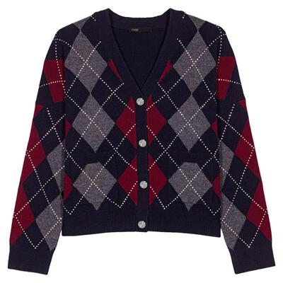 季末7折Maje2025秋冬新款女装学院风深蓝菱形格仿钻装饰V领针织衫