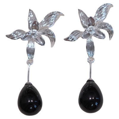 新中式银色花朵黑玛瑙耳饰耳夹