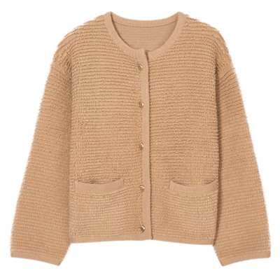 伊芙丽奥莱圆领拉圈圈小香风羊绒开衫2023秋装千金风休闲百搭毛衫