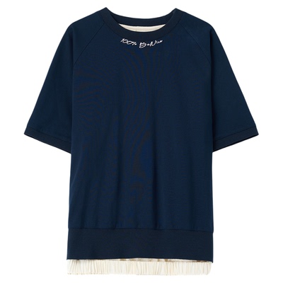 ALL BEINGS25AW创意材质拼接百褶撞色圆领短袖凉感T恤女秋季新款