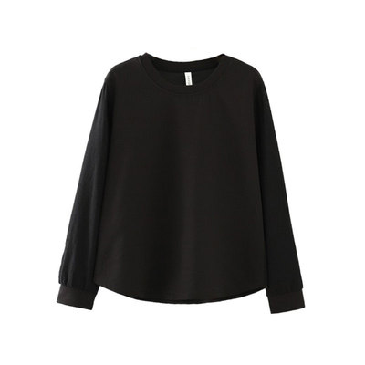 纯色花边拼接T恤女圆领长袖上衣