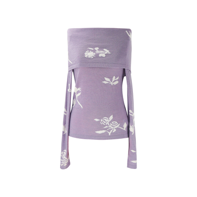 SYT自制翻领一字肩绣花针织上衣