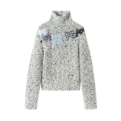 ANDREA MARTIN2026春季新款费尔岛毛衣高领格子蝴蝶结贴布针织衫