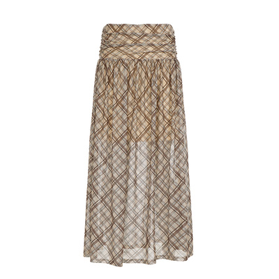 WEEKEEP 学院风网纱格纹褶皱低腰半身裙百搭宽松显瘦飘逸大摆长裙